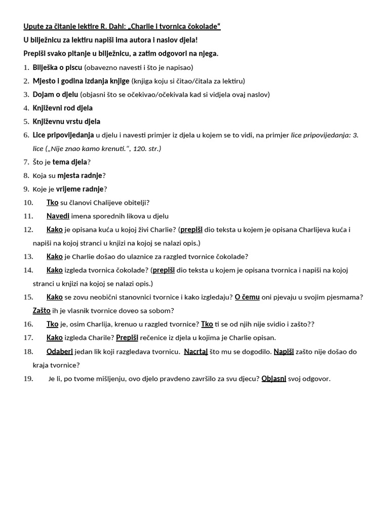 Pitanja Za Lektiru Charlie I Tvornica Cokolade 5b | PDF