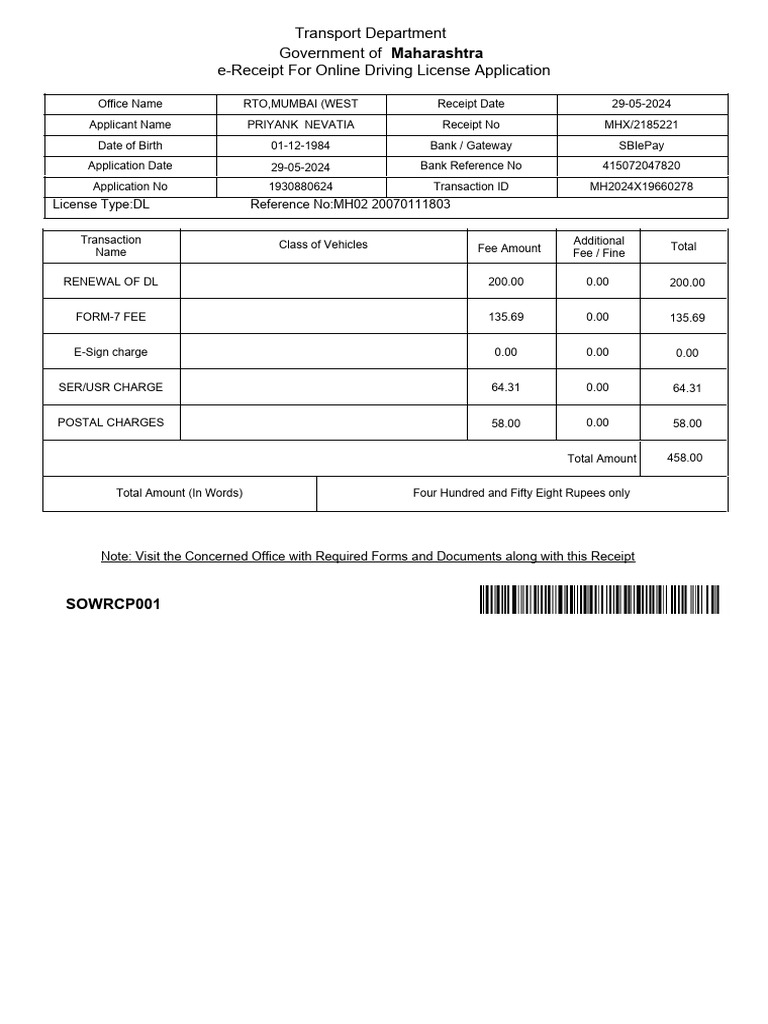 e-Receipt for Driving License Renewal | PDF
