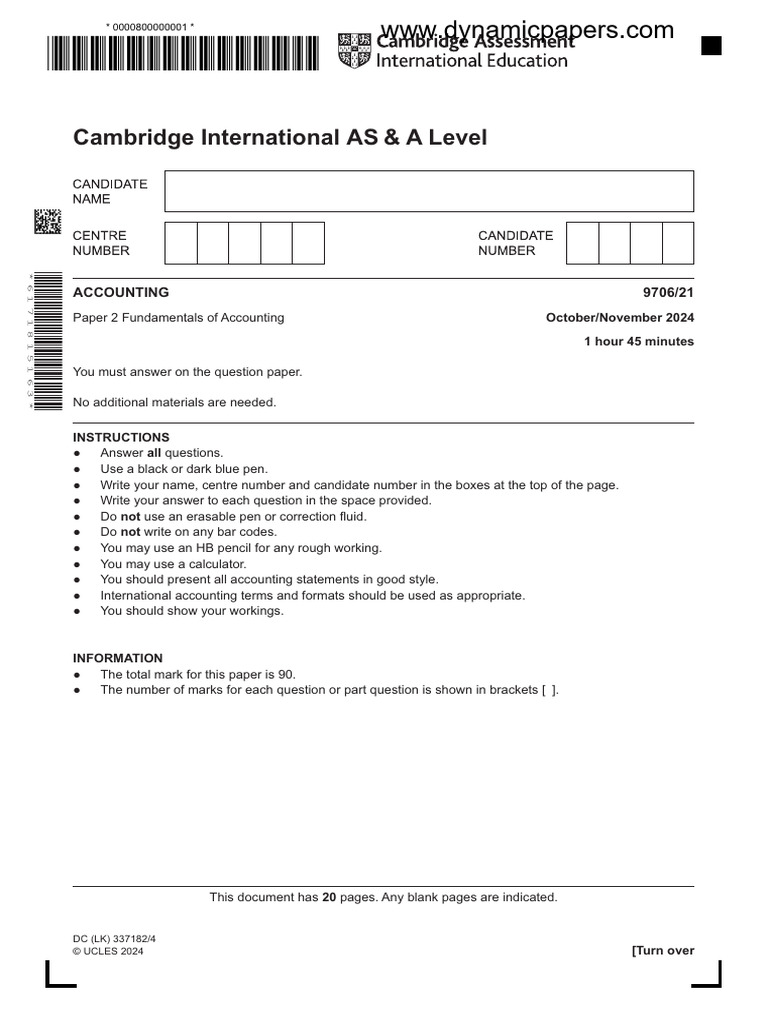 Cambridge International AS & A Level: Accounting 9706/21 | PDF