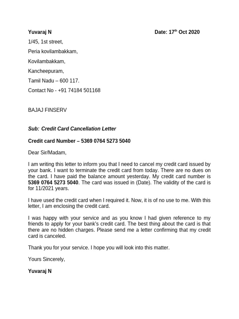 Yuvaraj - Creditcard Cancellation Letter | PDF