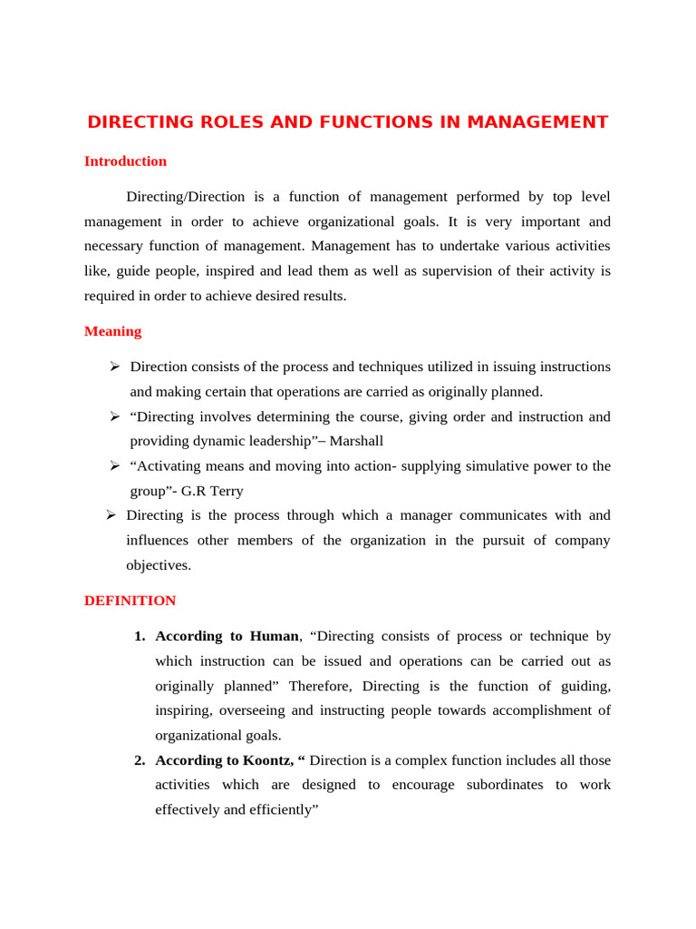 DIRECTING ROLES AND FUNCTIONS IN MANAGEMENT - Docx PRIA | PDF ...