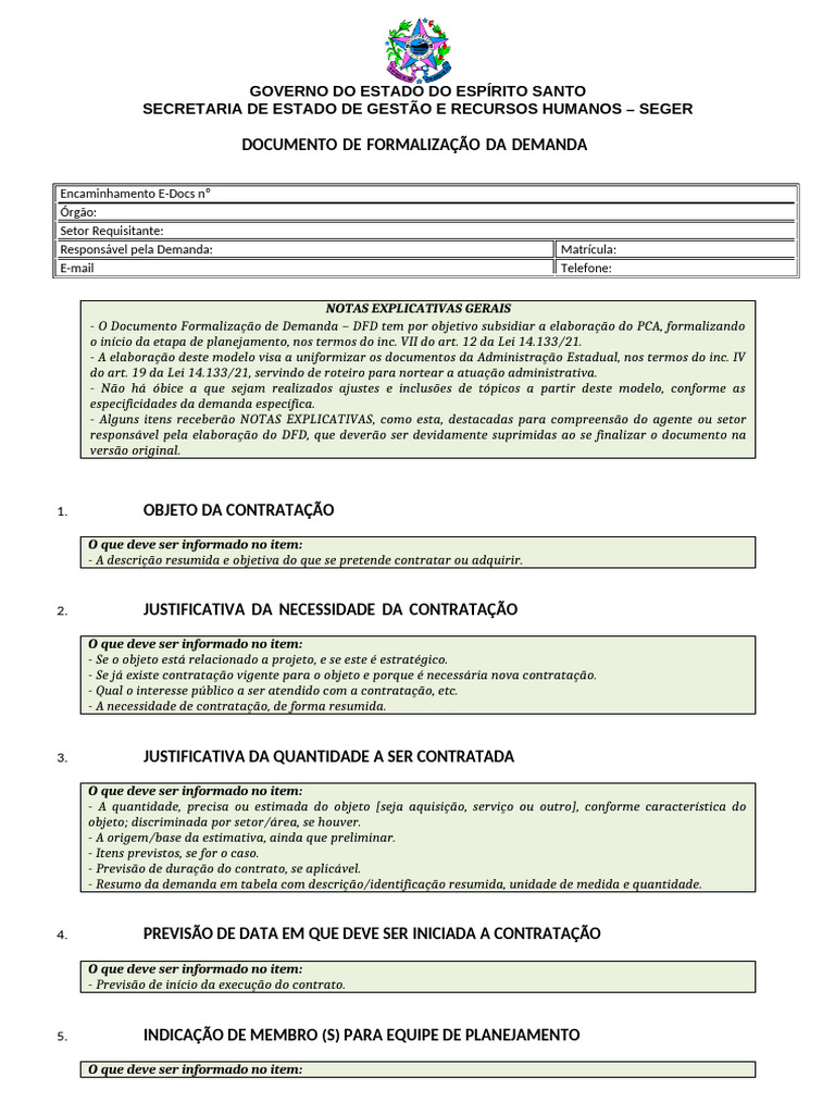 Modelo de DFD - Documento Formalização de Demanda - Governo Do ES - Lei ...