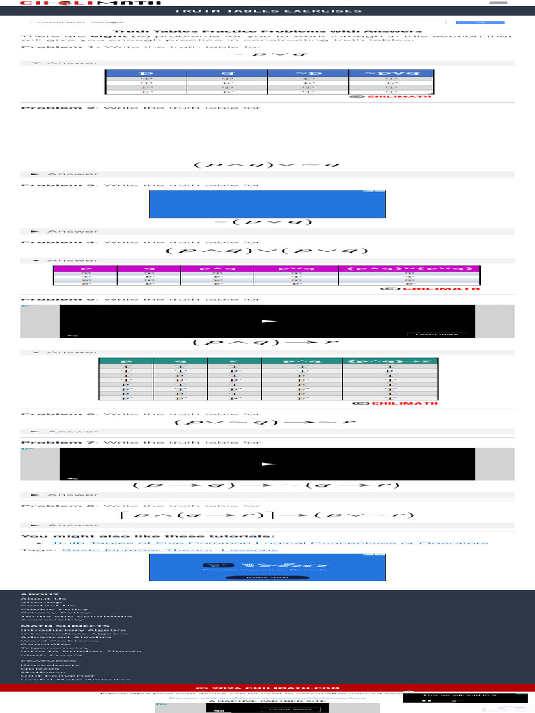 Truth Tables Practice Problems With Answers ChiliMath | PDF ...