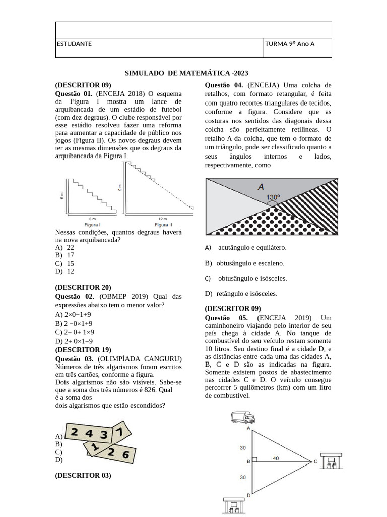 Simulado de Matemática 9º Ano A 2023 | PDF | Triângulo | Geometria Elementar