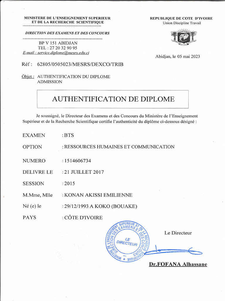 Authentification de Diplôme en Côte d'Ivoire | PDF