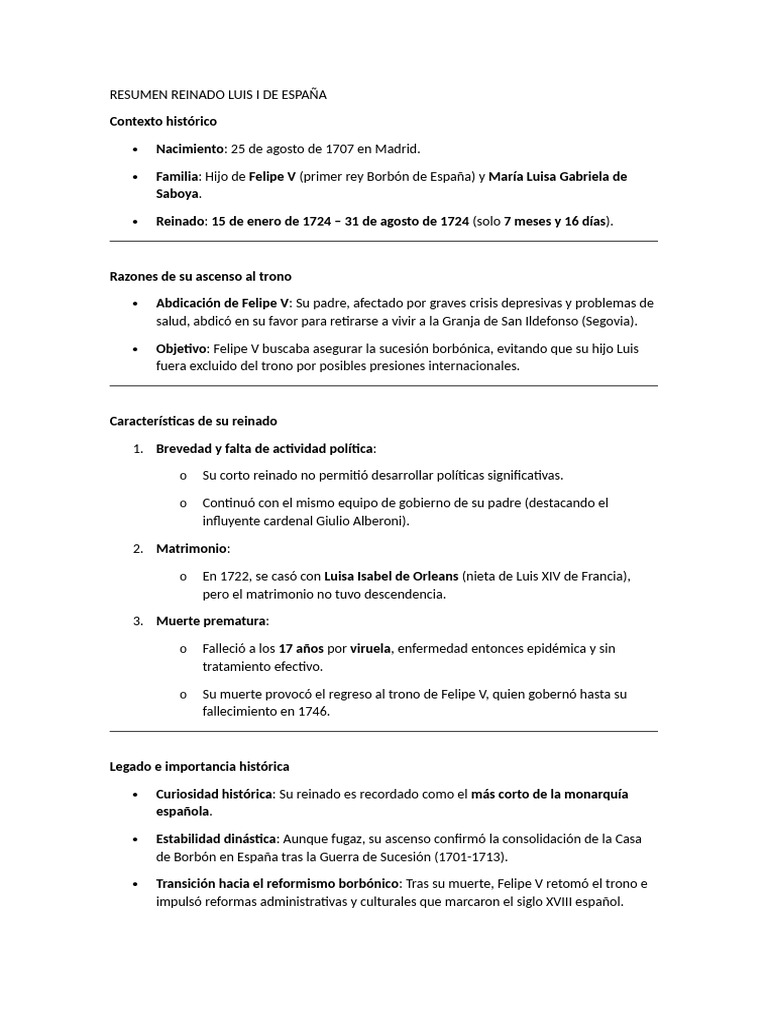 Resumen Reinado Luis I de España | PDF