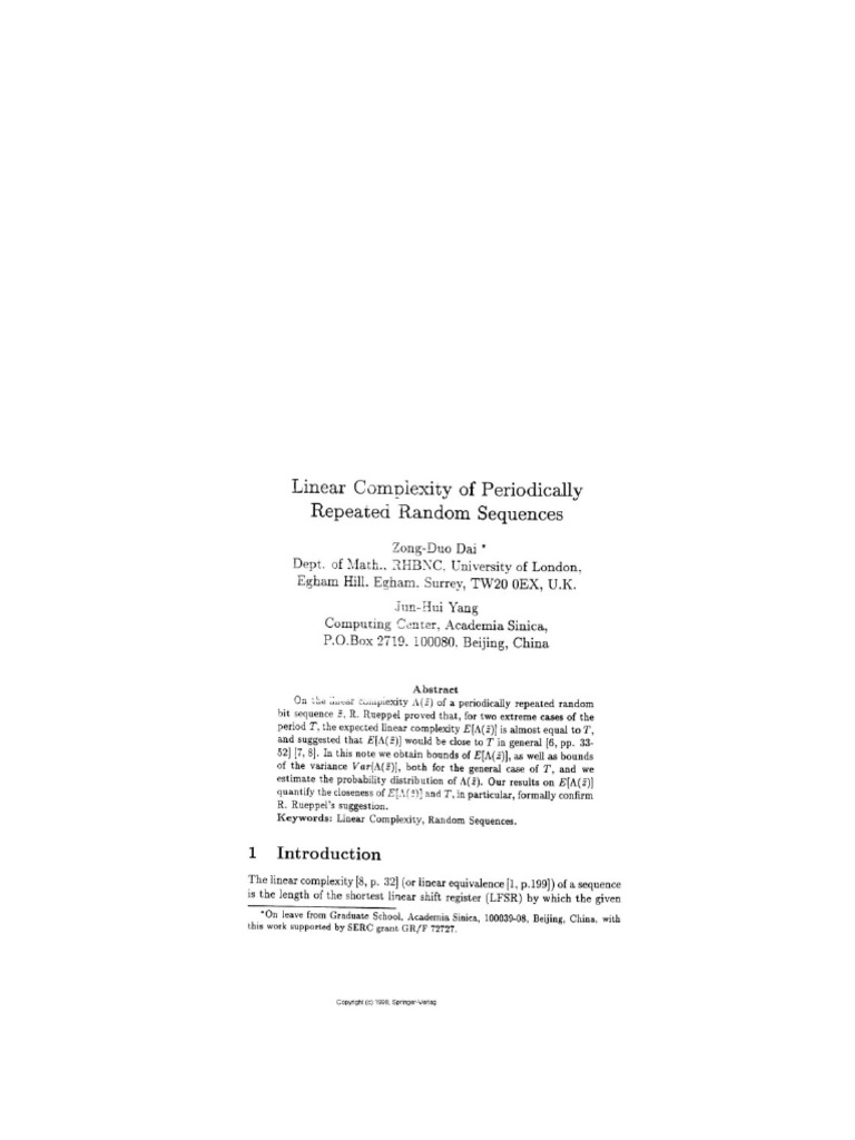 Linear Complexity Of Periodically Repeated Random Sequences 1st Edition By Zong Duo Dai Jun Hui