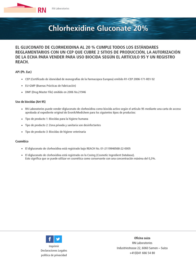 Gluconato de clorhexidina al 20% - Estado reglamentario - RN Laboratories AG | PDF
