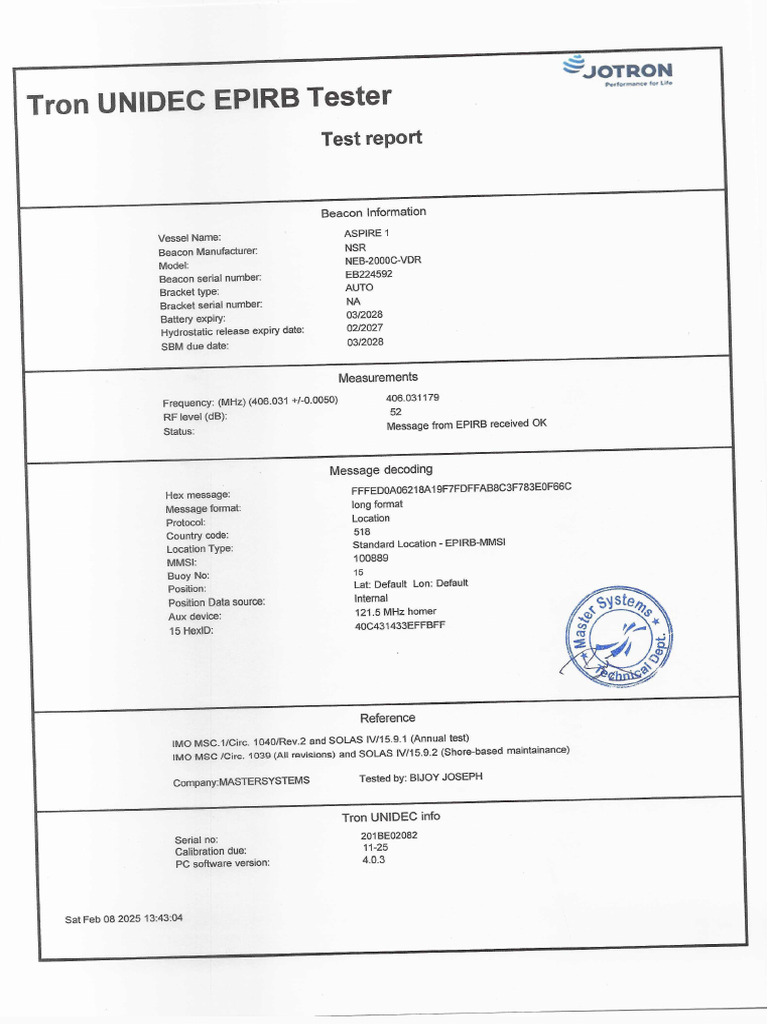 VDR - EPIRB Test Report - 08.02.2025 | PDF