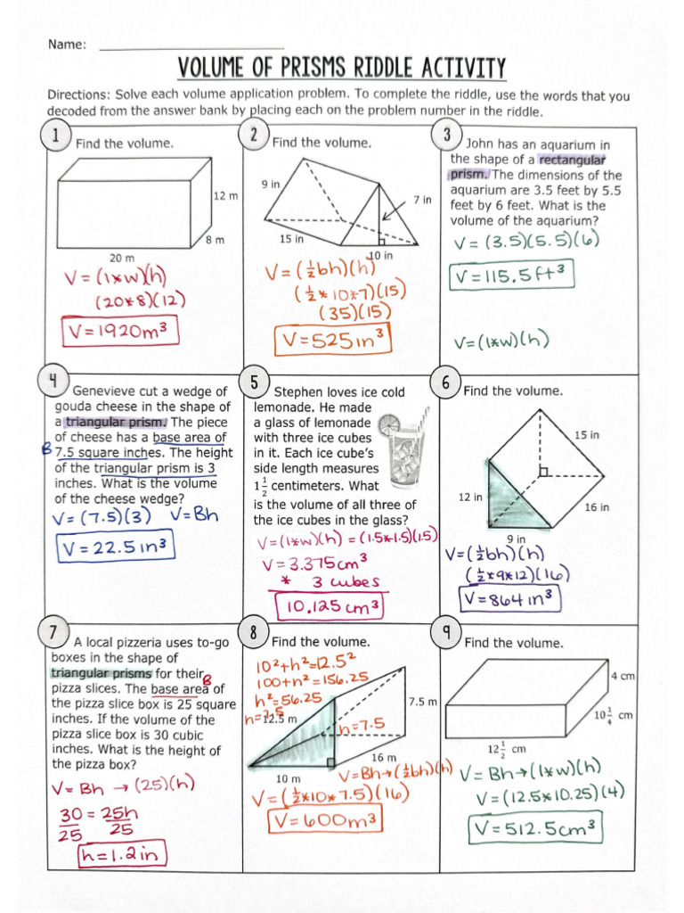 03aa. Volume of Prisms Riddle Activity | PDF