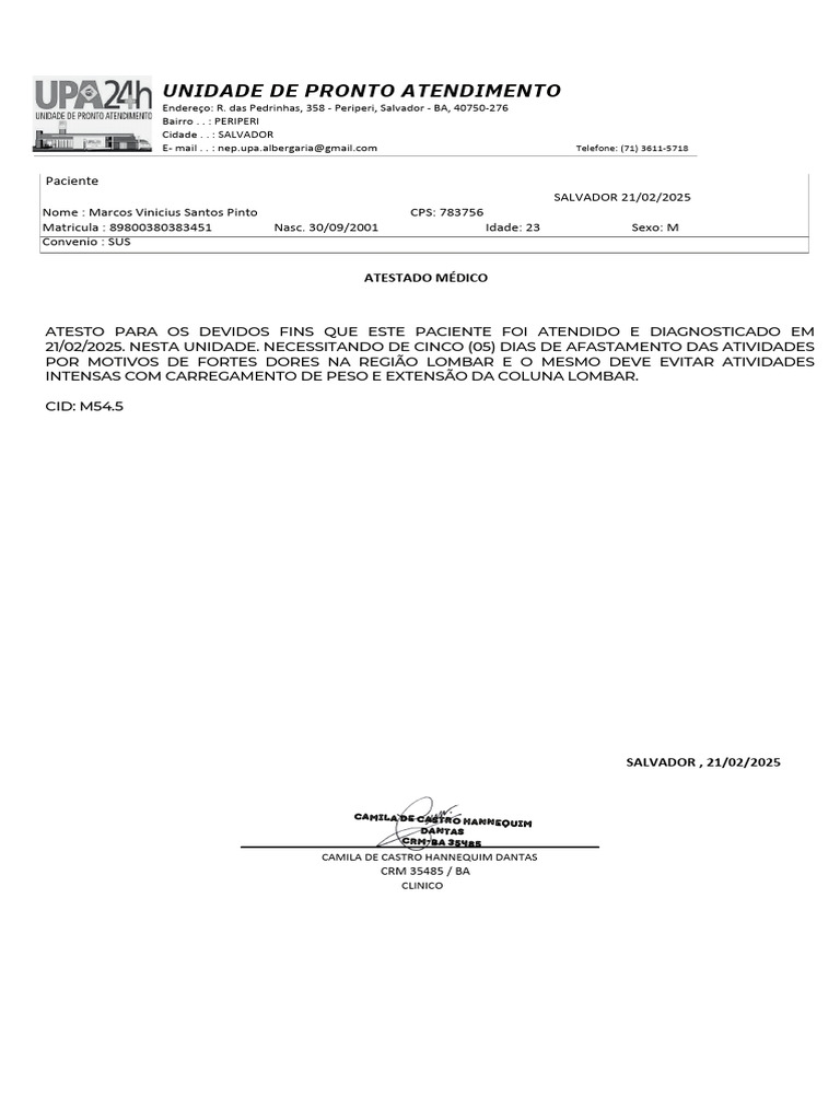 Atestado Médico UPA Salvador - Camila Dantas | PDF