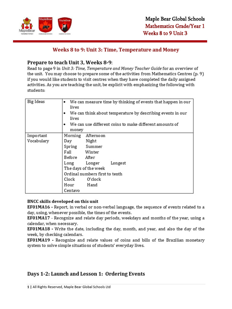 Weeks 08 To 09 - Unit 03 - Math Makes Sense - Time, Temperature and Money - Mathematics - Grade ...