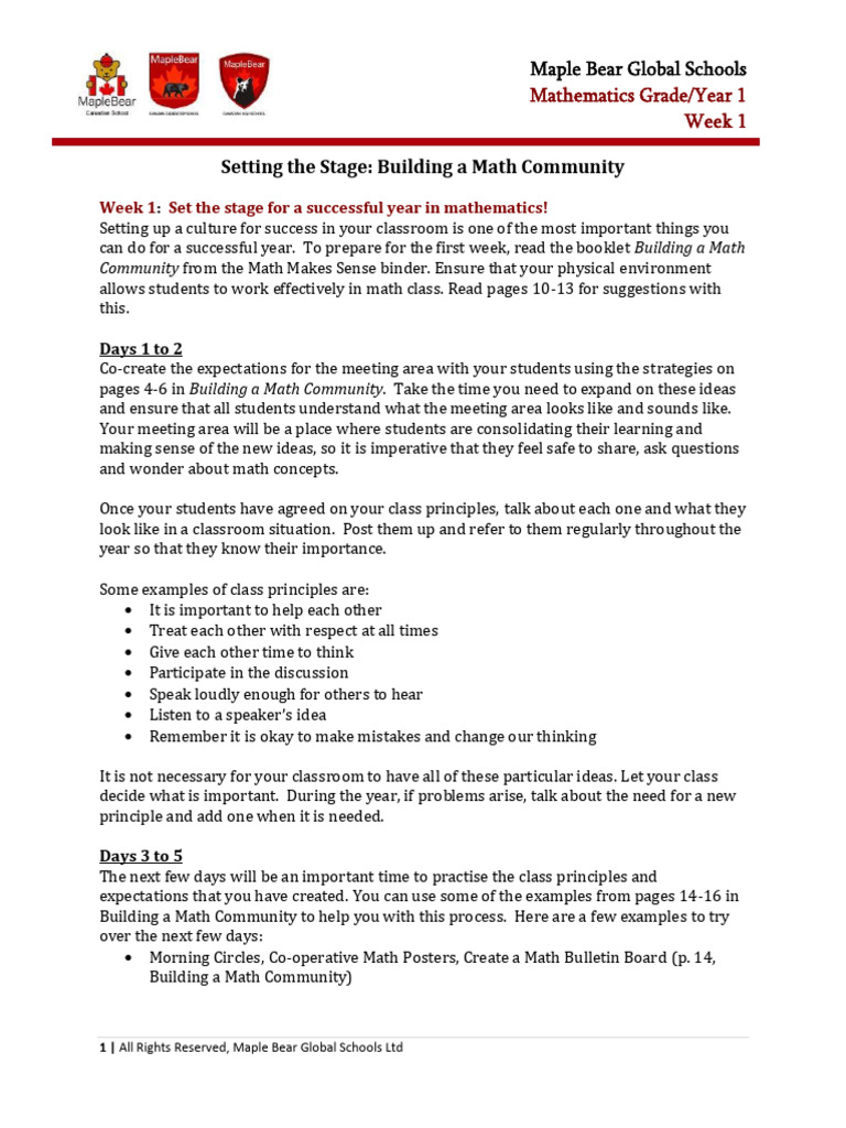 Week 01 Math Makes Sense Building A Community Mathematics Grade Year 1 ...