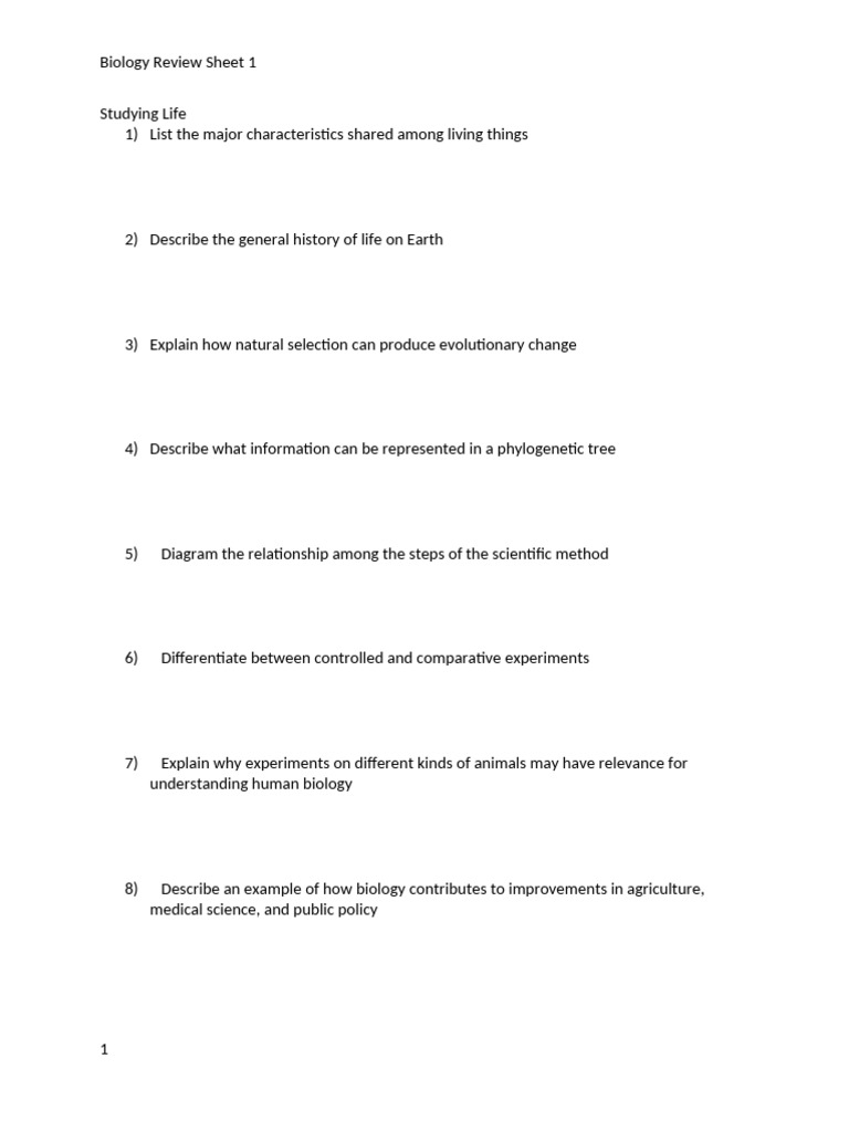 Bio Exam 1 Review Sheet | PDF | Biology | Life