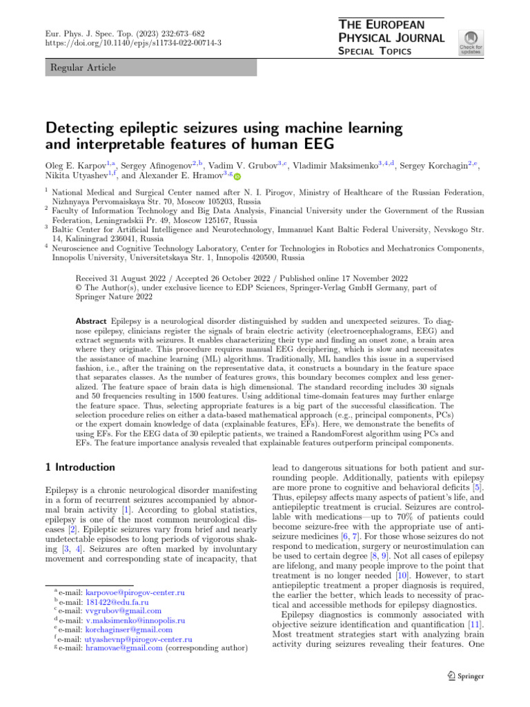 Detecting Epileptic Seizures Using Machine Learning and Interpretable Features of Human EEG ...