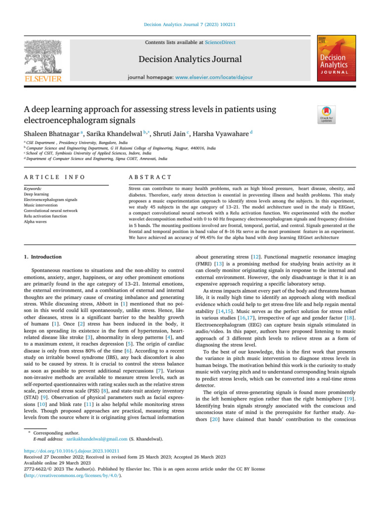 A Deep Learning Approach For Assessing Stress Levels in Patients Using Electroencephalogram ...
