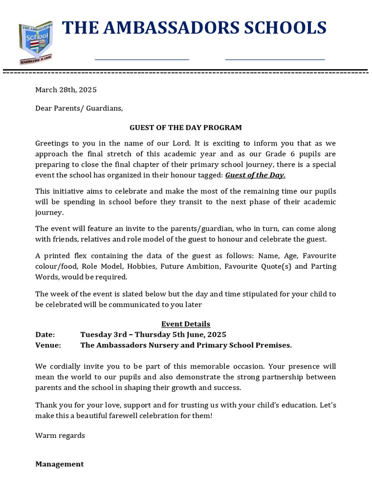 Guest of The Day Letter - 012059 | PDF