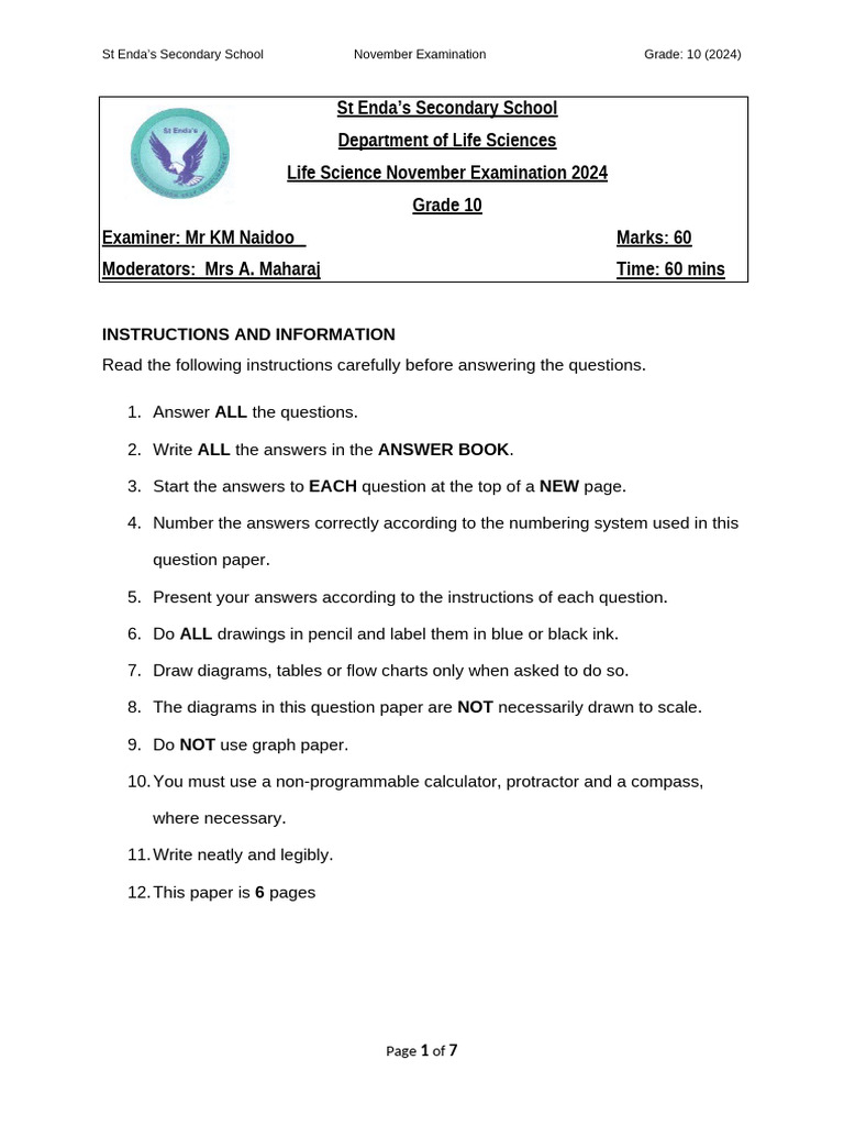 Grade 10 LS Exam 2024 QP | PDF | Tissue (Biology) | Mitosis