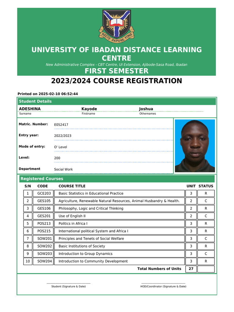 University of Ibadan Distance Learning Centre First Semester | PDF