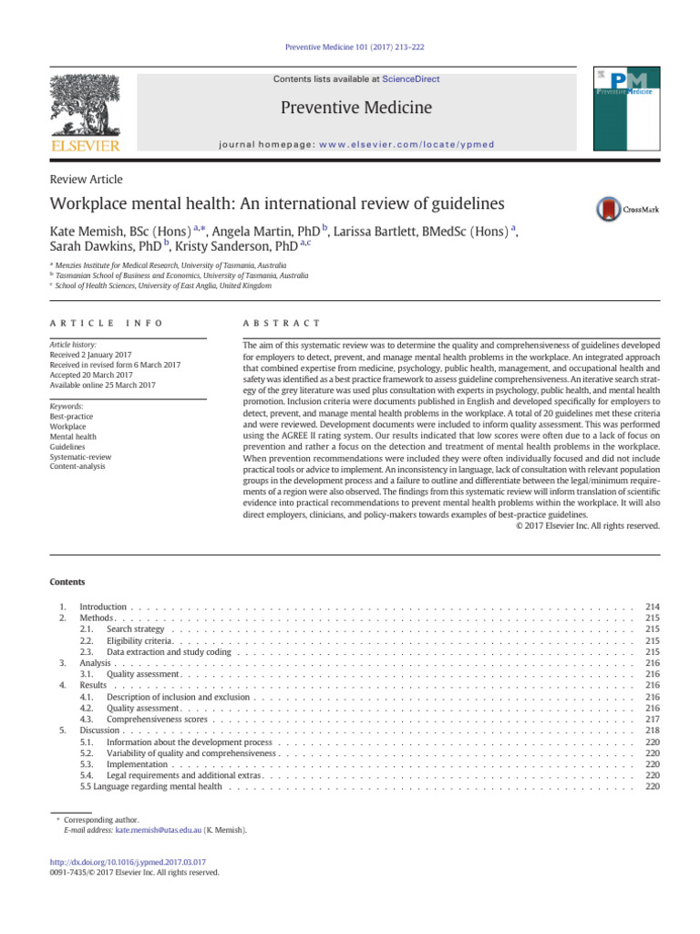 Workplace Mental Health: An International Review of Guidelines | PDF ...