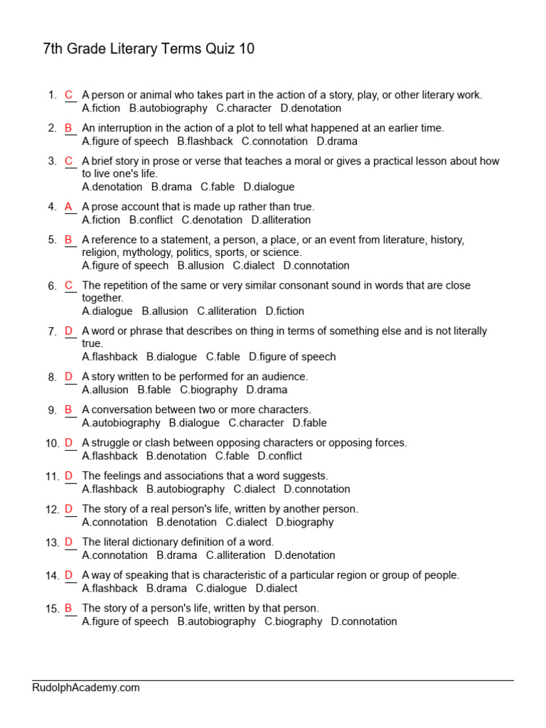 Grade 7 Literary Terms Quiz 10 Answers | PDF