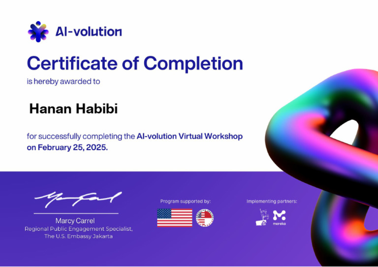AI-volution Virtual Workshop Certificate - Hanan Habibi | PDF