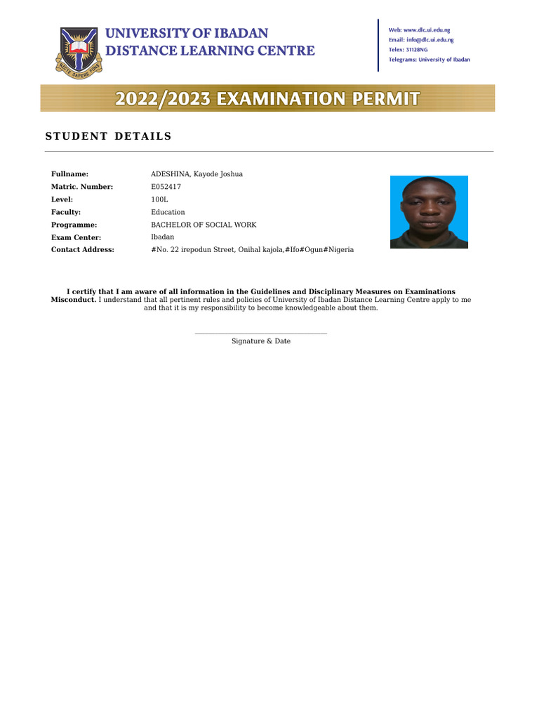 Format ?2022-2023-Exam-Permit-Card - Document | PDF