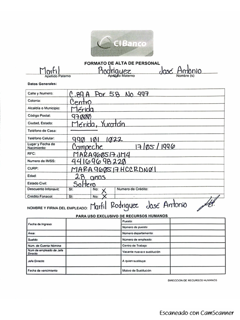 FORMATO DE ALTA PERSONAL- DATOS DE CUENTA NOMINA Y CARTA DE NO SE ...