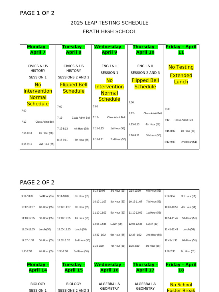 2025 Leap Testing Schedule | PDF
