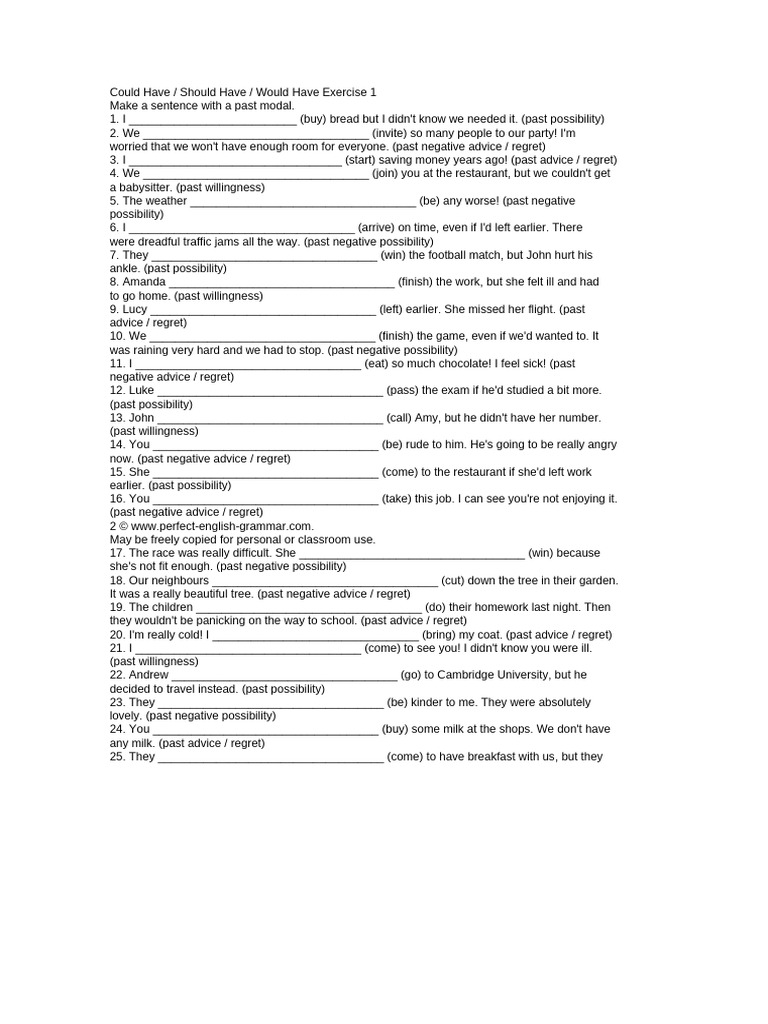 Past Modal Verbs Exercise Worksheet | PDF