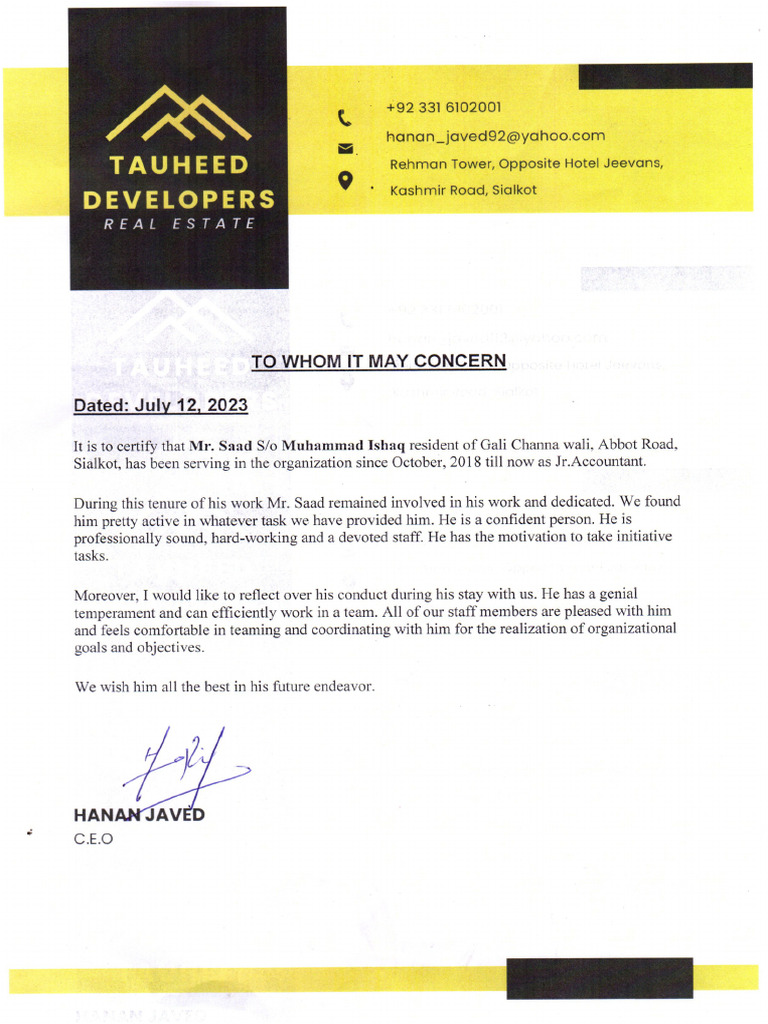 Ecxperience Letter Saad | PDF