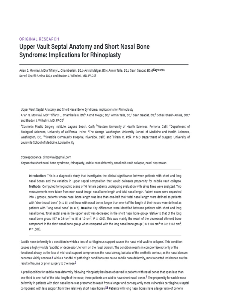 Upper Vault Septal Anatomy and Short Nasal Bone Syndrome Implications ...