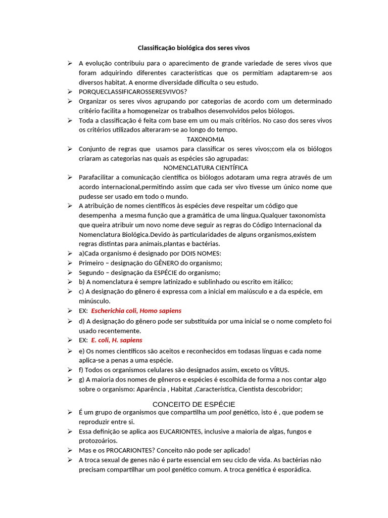 Classificação Biológica dos Seres Vivos | PDF | Taxonomia (Biologia ...