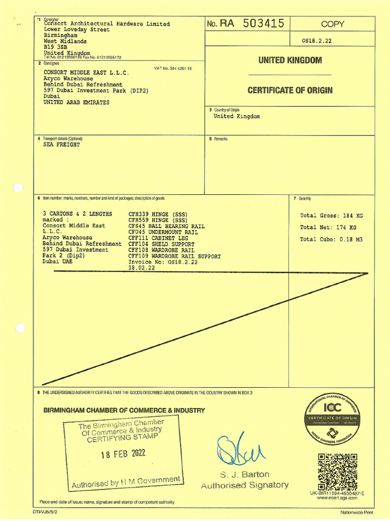 CONSORT UK Certificate of Origin | PDF