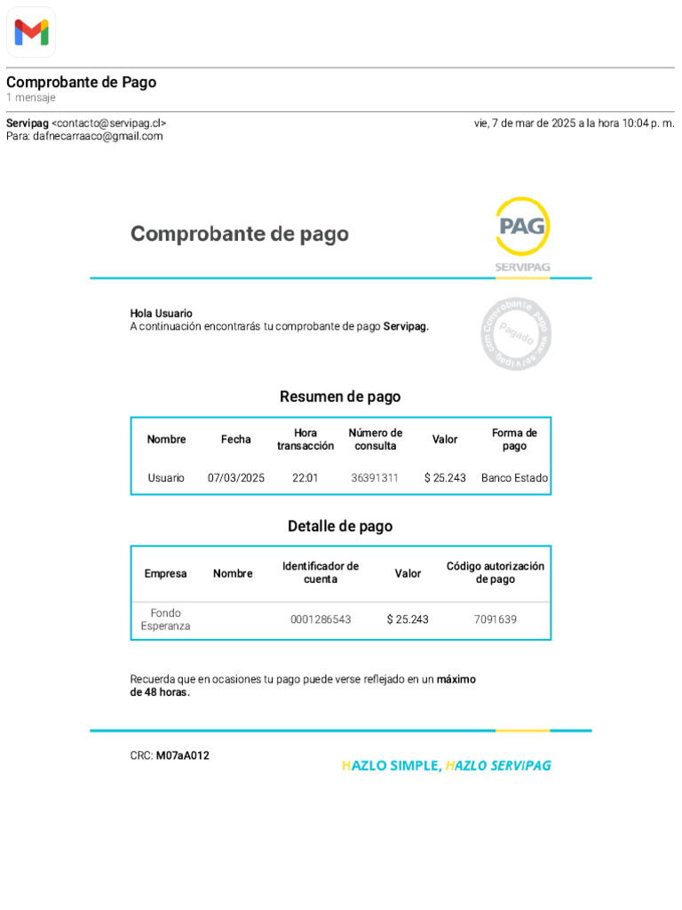 Gmail - Comprobante de Pago | PDF