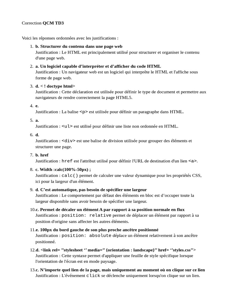 Correction QCM HTML, CSS et PHP | PDF | Html | Internet