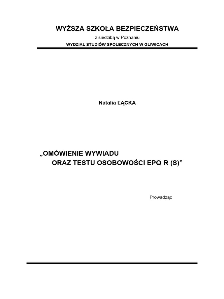 Omówienie Wywiadu Psychologicznego Oraz Testu EPQR (S) | PDF