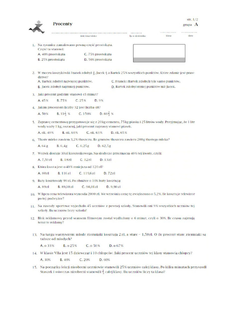 Procenty Klasa 7 | PDF