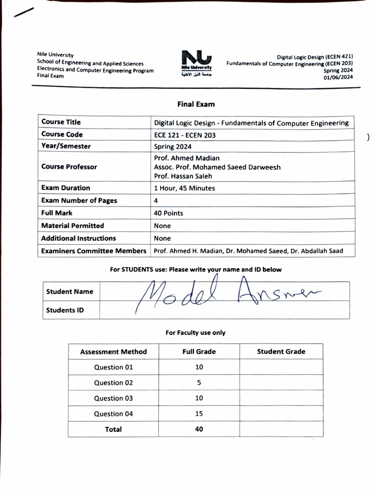 ECE121 ECEN203 Final - Exam Model Answer | PDF | Digital Technology | Electrical Engineering