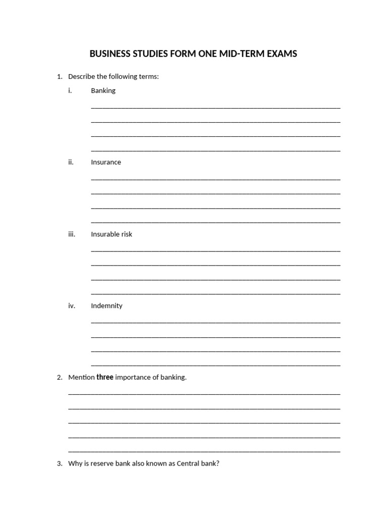 Business Studies Form One Mid | PDF | Banks | Insurance