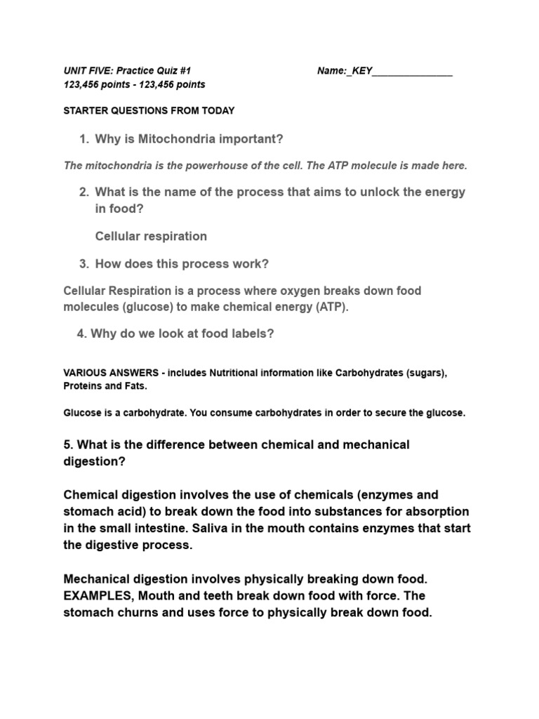 2025 UNIT FIVE - Practice Quiz #1 KEY | PDF | Digestion | Cellular ...