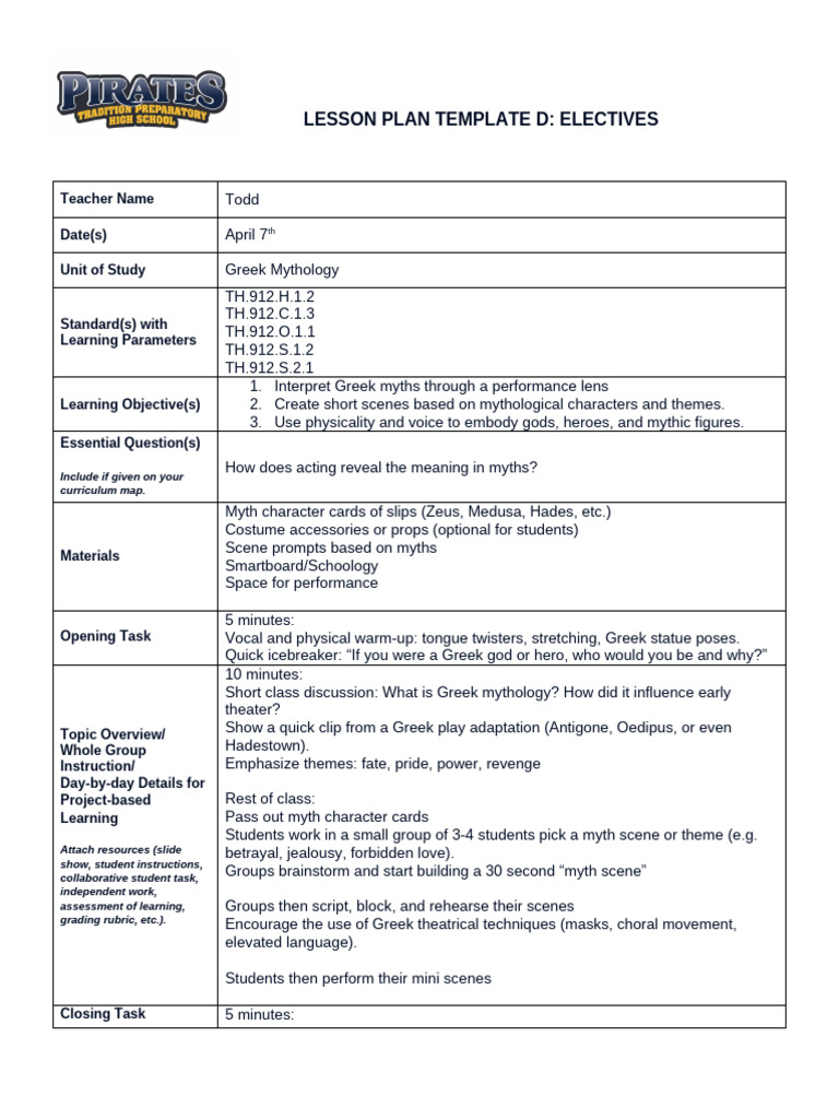 Greek Mythology Performance Lesson Plan | PDF | Greek Mythology ...