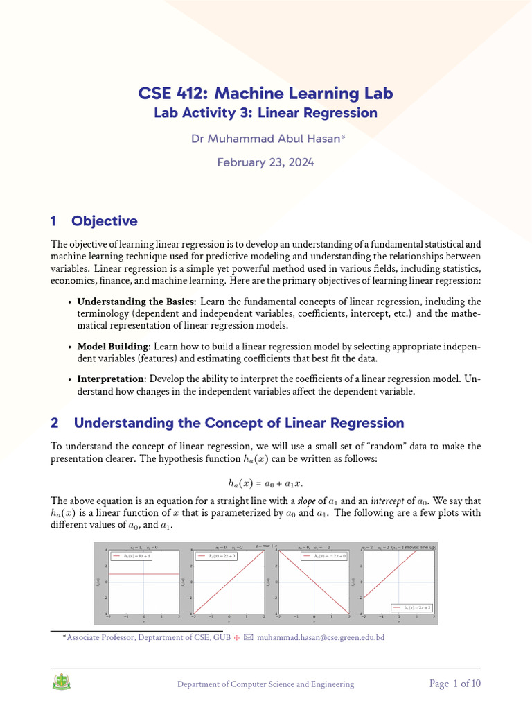 CSE 412 Lab Manual 3 Linear Regression | PDF | Regression Analysis | Errors And Residuals