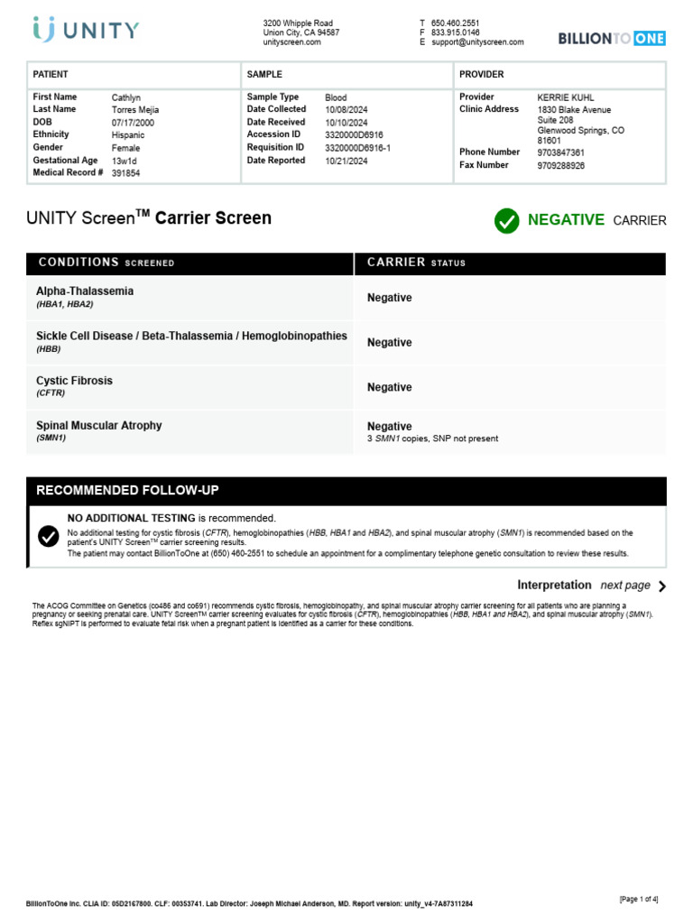 BillionToOne UNITY Carrier Screen Report | PDF | Dna Sequencing ...