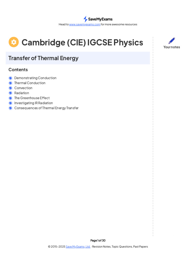 Cambridge (CIE) IGCSE Physics: Transfer of Thermal Energy | PDF ...
