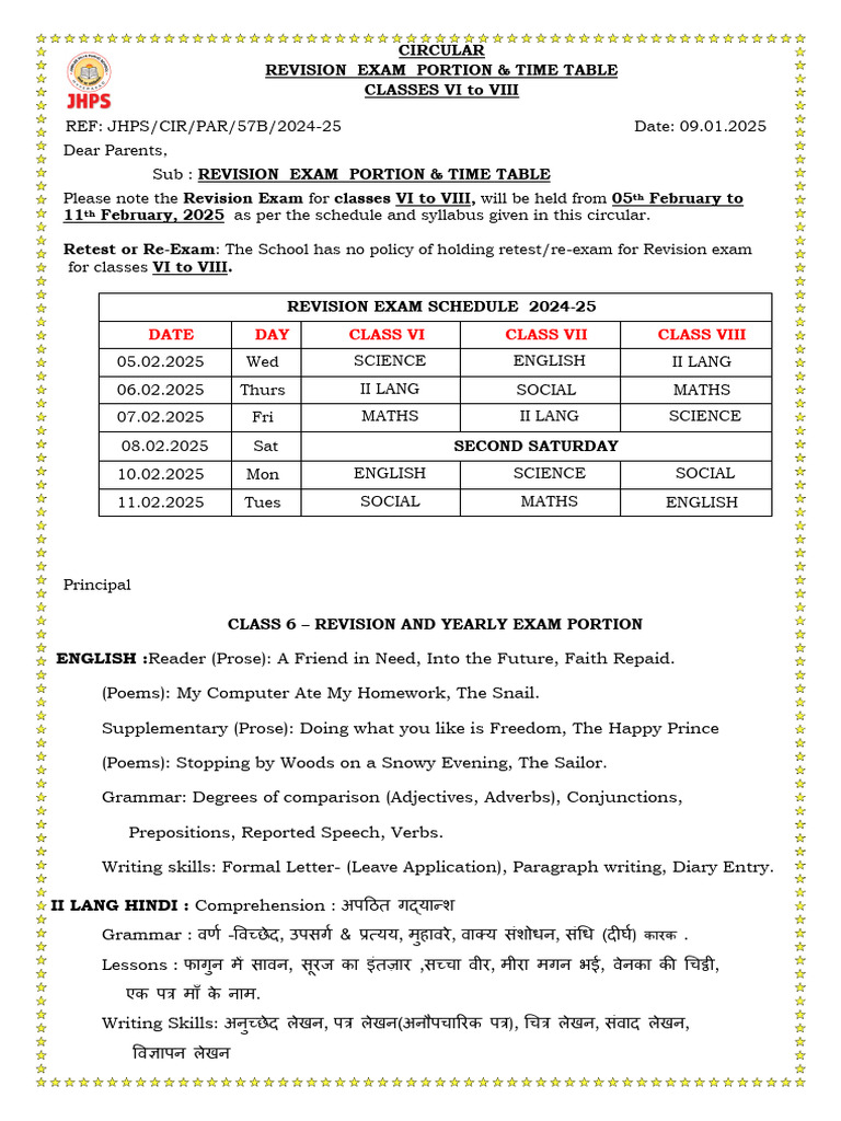 57B - Revision Exam Schedule Class 6 | PDF