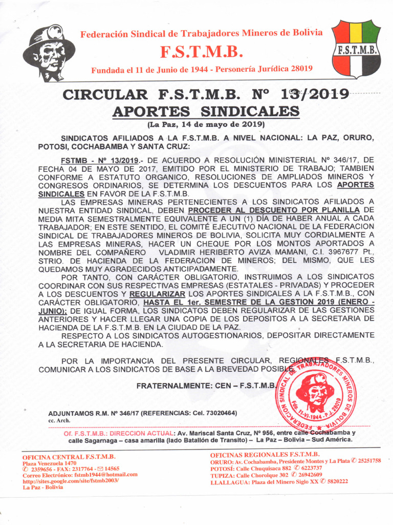 Circular Aportes FSTMB 2019 | PDF | Bolivia | Sindicato