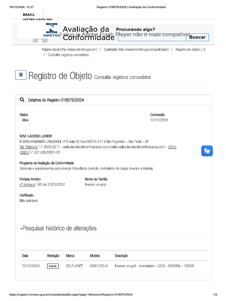 (SOLPLANET) Certificado INMETRO - ASW7300-S | PDF