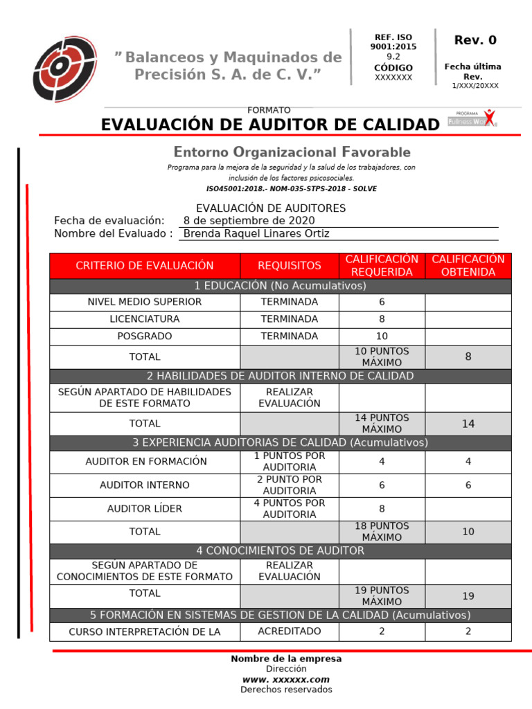 Evaluación de Auditor Interno de Calidad | PDF | Auditoría | Sistema de ...