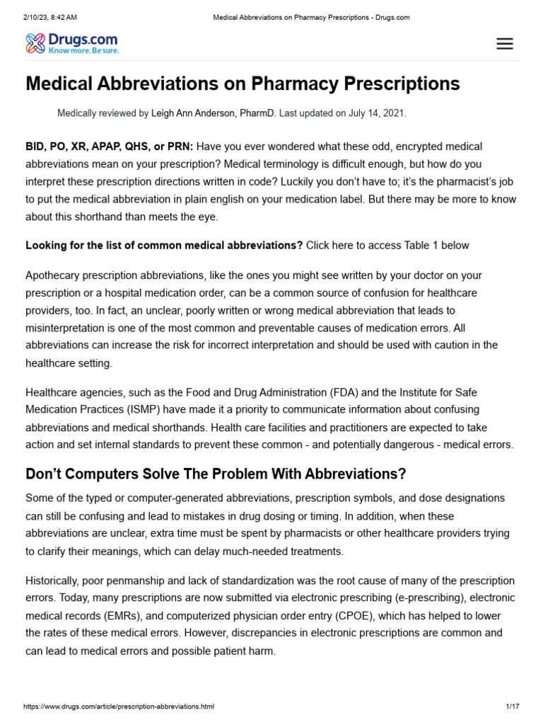 Medical Abbreviations On Pharmacy Prescriptions | PDF | Medical ...